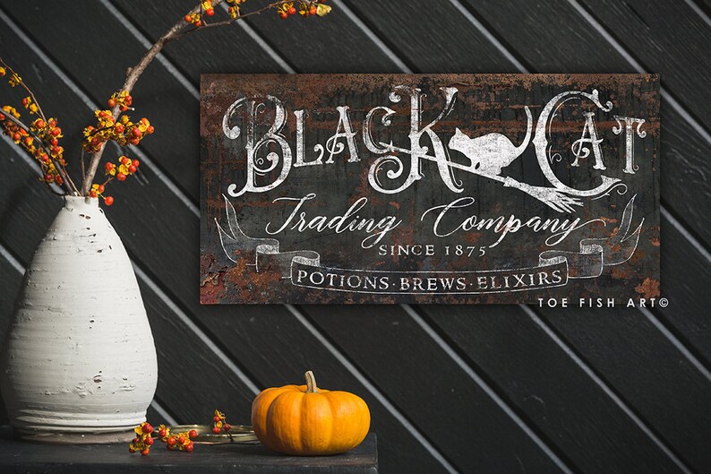 Black Cat Trading Company Halloween Sign – Rustic Creepy Fall Holiday ...