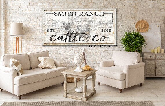 Custom Cattle Family Name Established Sign Modern Farmhouse Wall Decor Rustic Ranch Personalized Living Room Wall Art Vintage Canvas Print Etsy