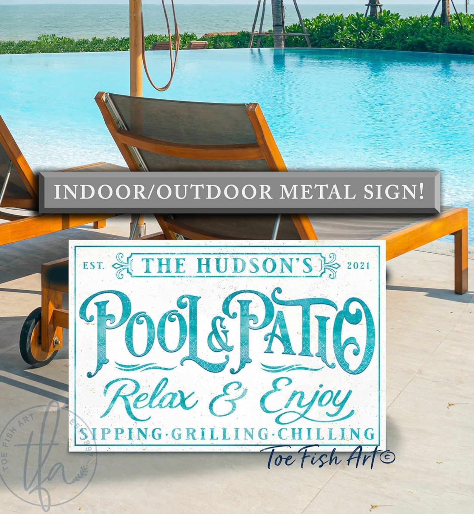 METAL SIGN! Personalized Pool & Patio Sign Backyard Bar and Grill Lanai ...