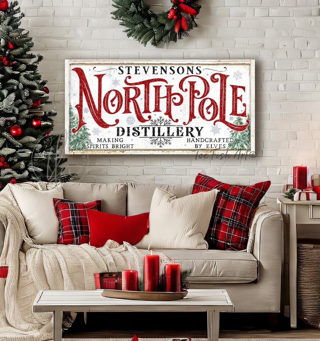North Pole Distillery Sign Christmas Sign Personalized Bar Vintage ...