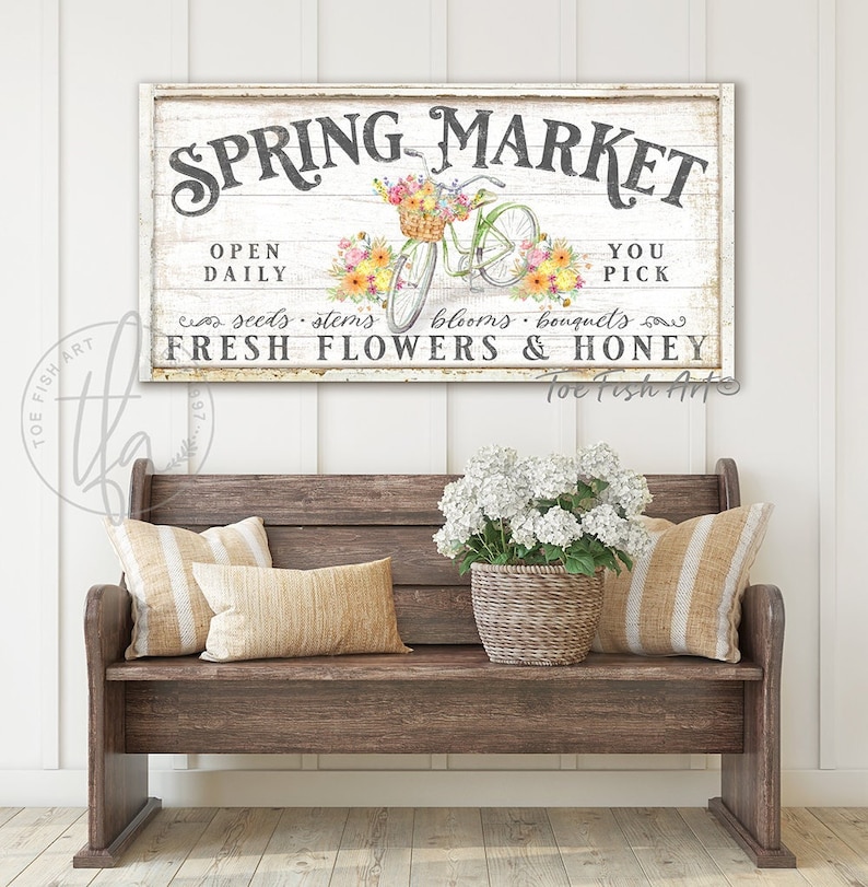 Spring Market Sign Fresh Flowers Bicycle Art Vintage Farmhouse Wall ...