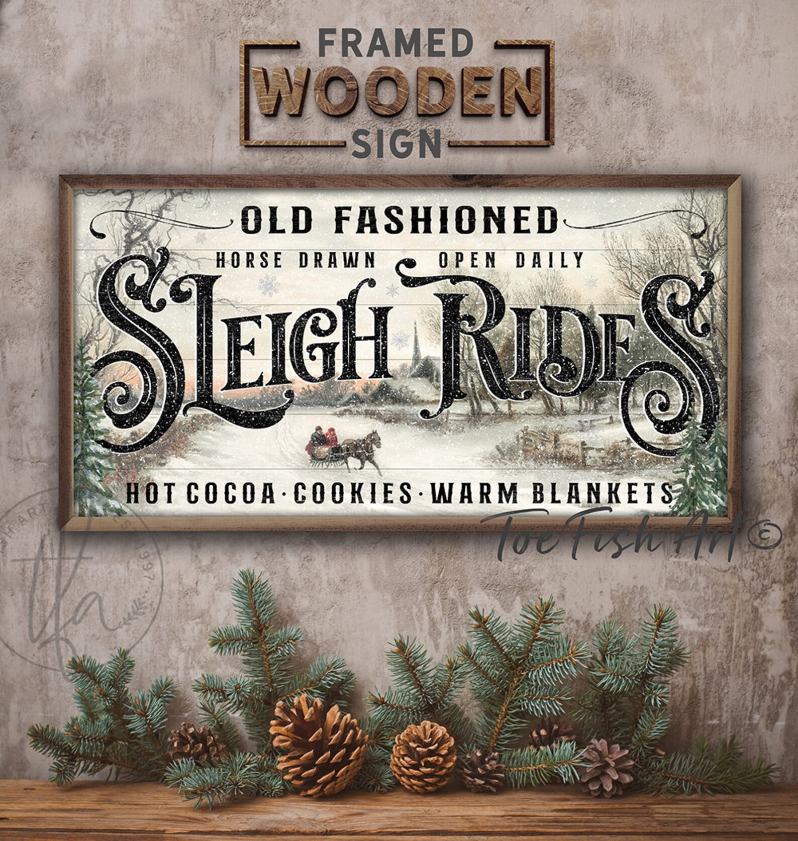 WOOD SIGN! Old Fashioned Sleigh Rides Sign Christmas Decor Framed ...
