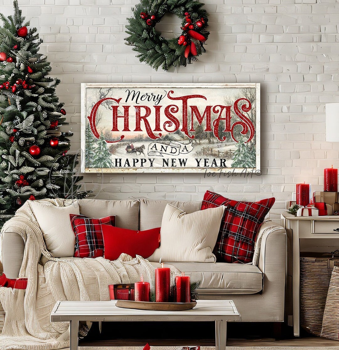 Merry Christmas Happy New Year Sign Holiday Party Porch Sign Modern ...