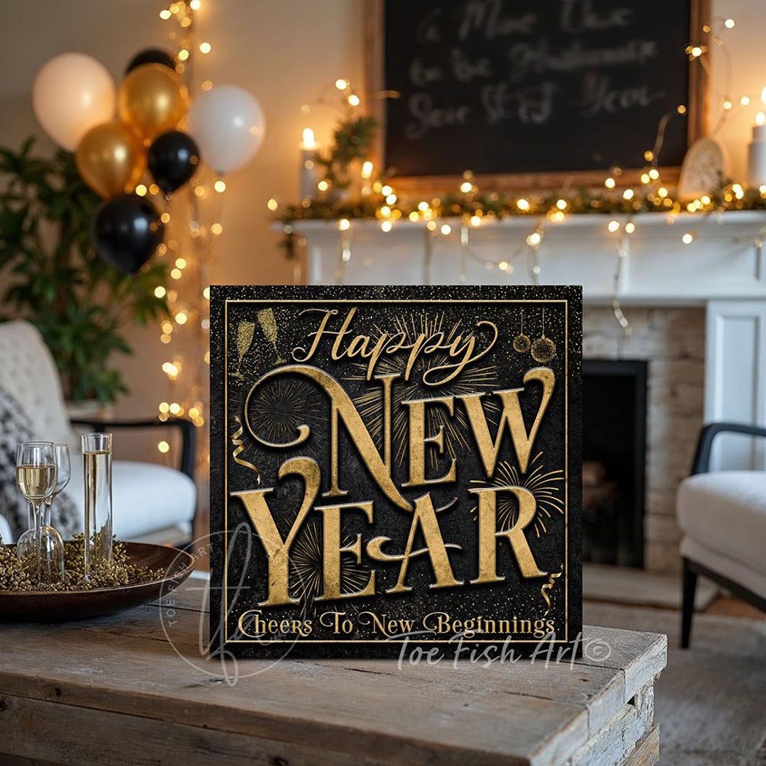 Happy New Year Sign Holiday Decor Modern Gold Black Art Party ...