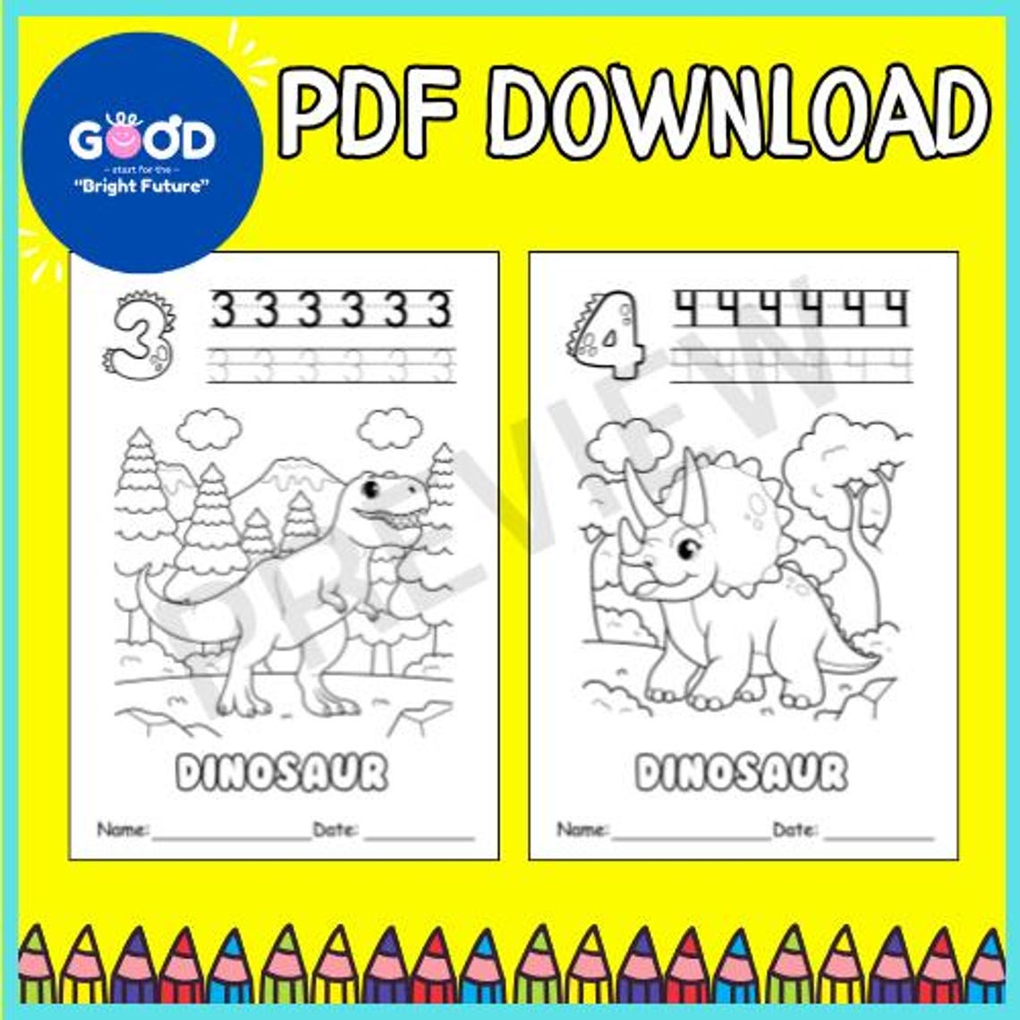 Dinosaur Coloring Pages: Number Tracing Worksheets (1-14) (PDF File) - Etsy