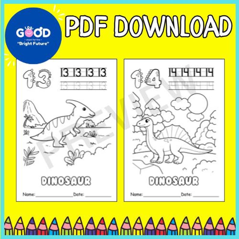 Dinosaur Coloring Pages: Number Tracing Worksheets (1-14) (PDF File) - Etsy