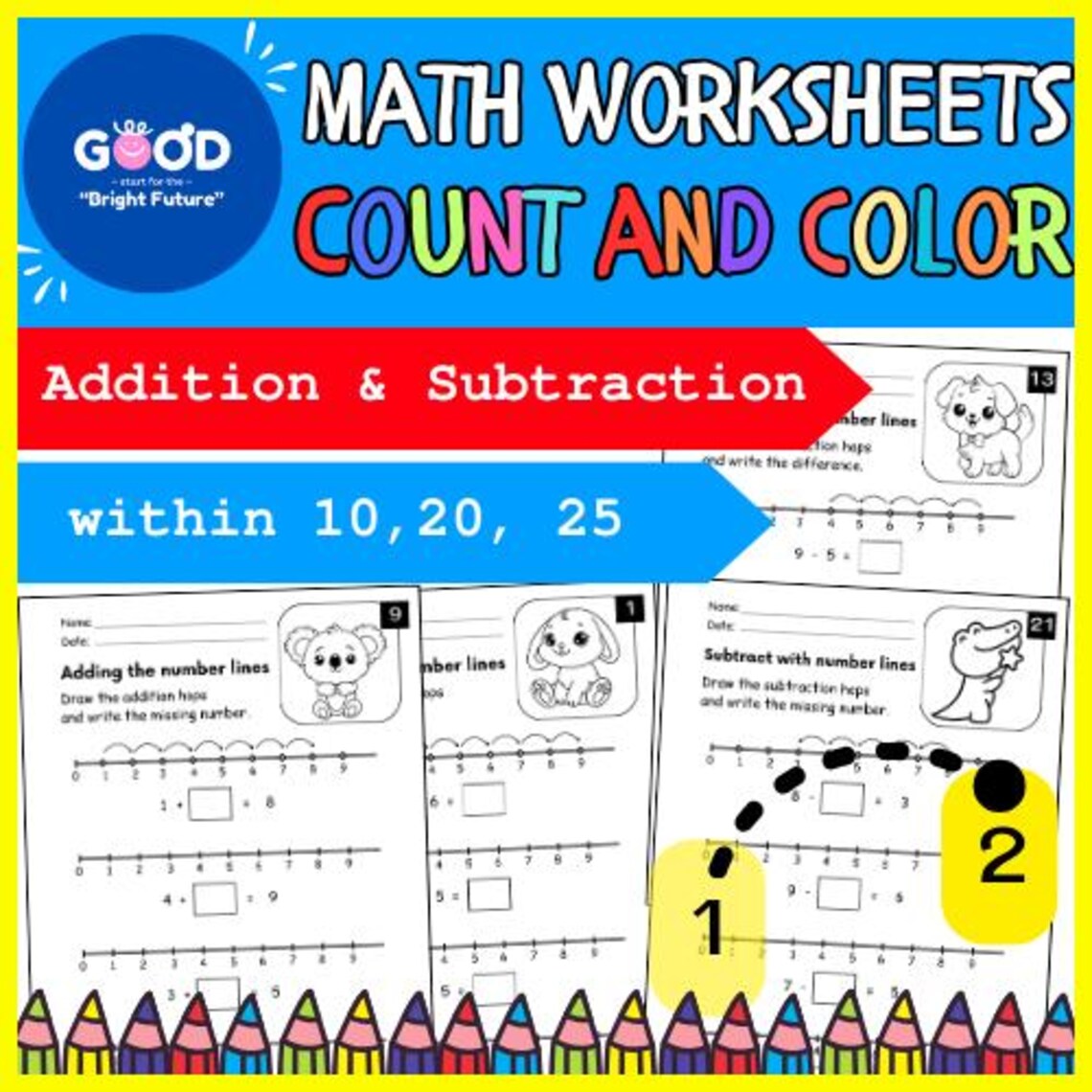 Addition & Subtraction Worksheets: Counting Practice With Animals (PDF ...