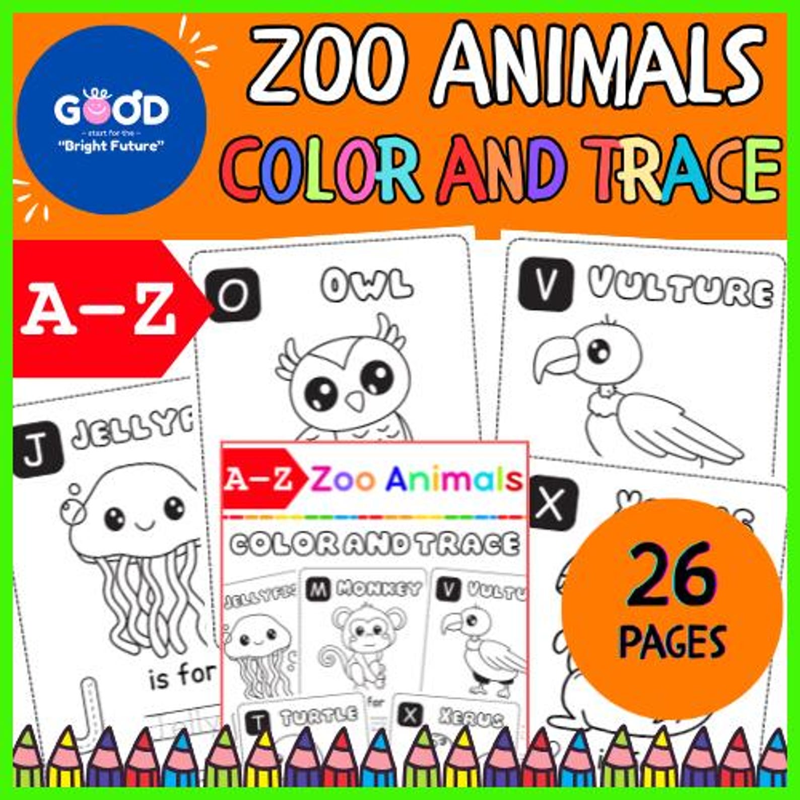 A-Z Zoo Animals Coloring Pages: Alphabet Tracing Worksheets (PDF) - Etsy