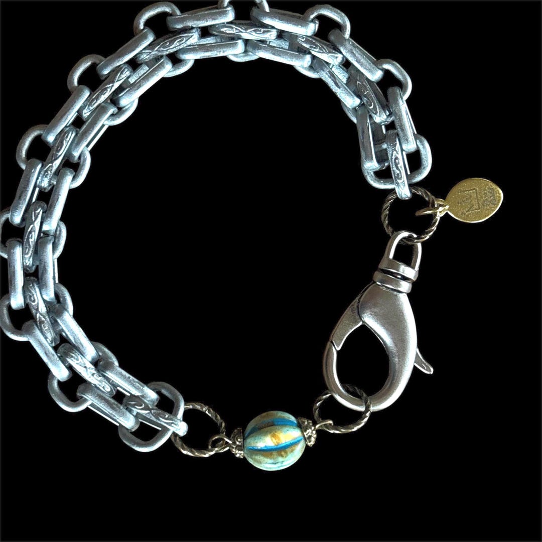 Antique Silver Ladder Chain Bracelet: Vintage Moroccan Bead, Oversized ...