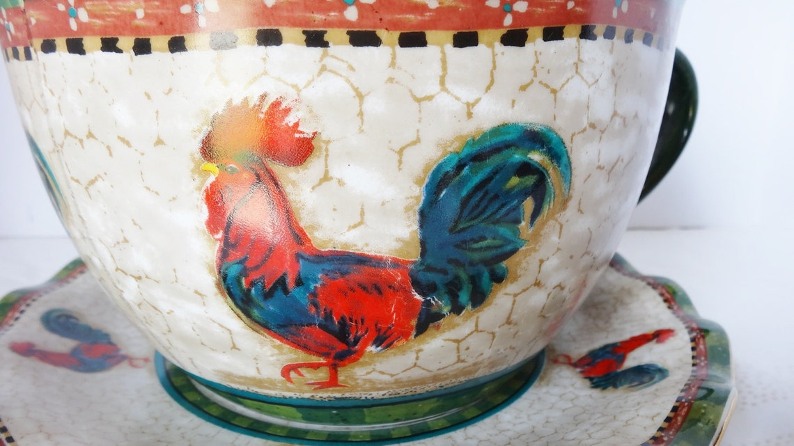 Rooster on a Tea Cup with Saucer Planter Pottery Home and | Etsy
