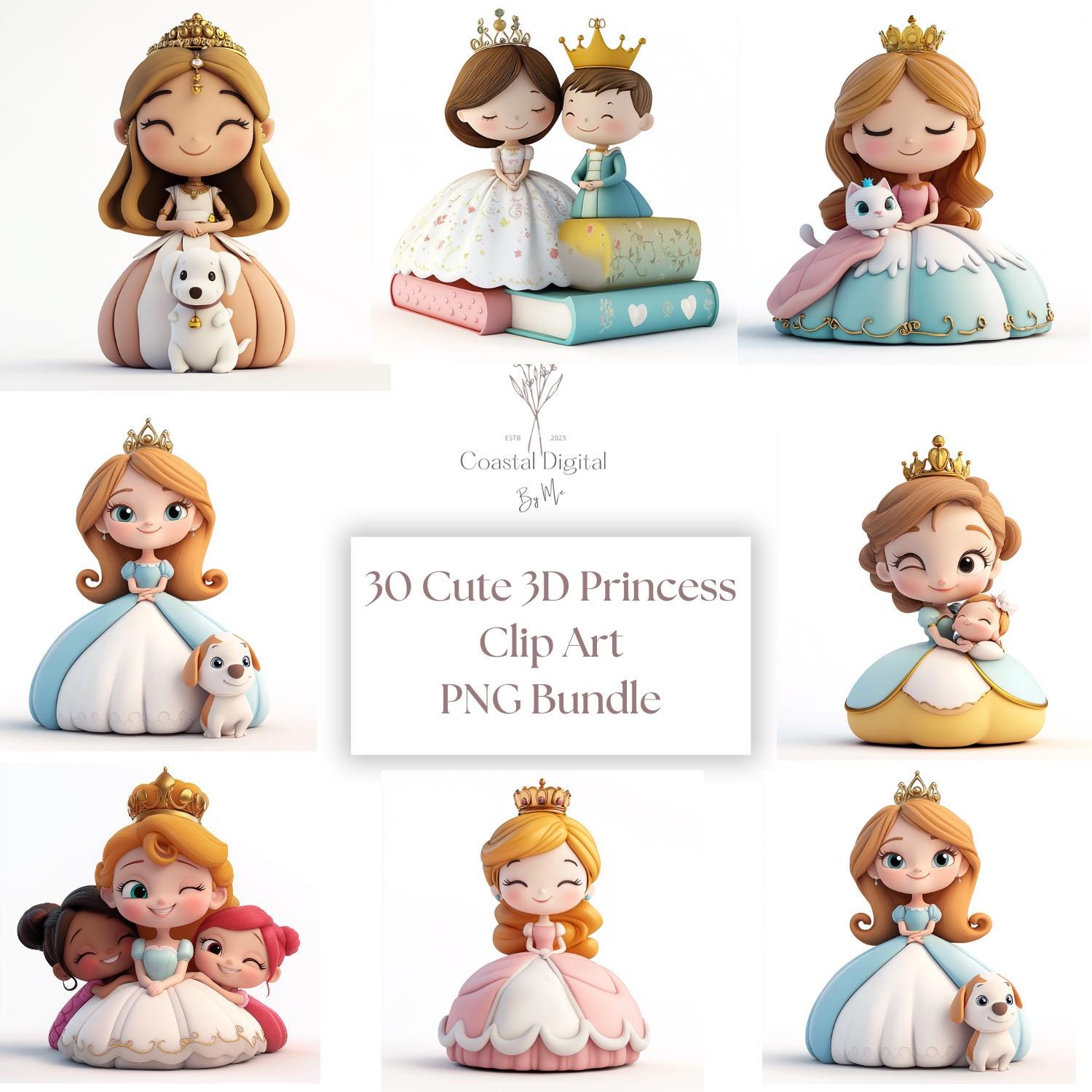 3D Clip Art Cute Princess Bundle, PNG, Commercial, Princess Fantasy ...
