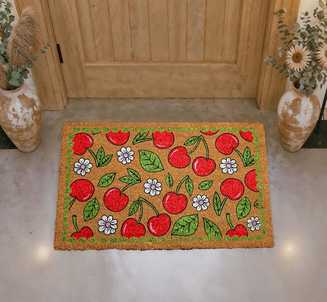 Colorful Cherry Doormat, Daisy Flowers Welcome Mat, Vibrant Seasonal ...