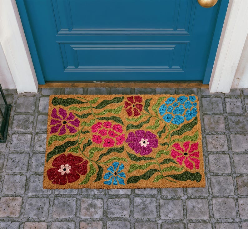 Vibrant Floral Coir Doormat, Colorful Flower Welcome Mat, Seasonal ...