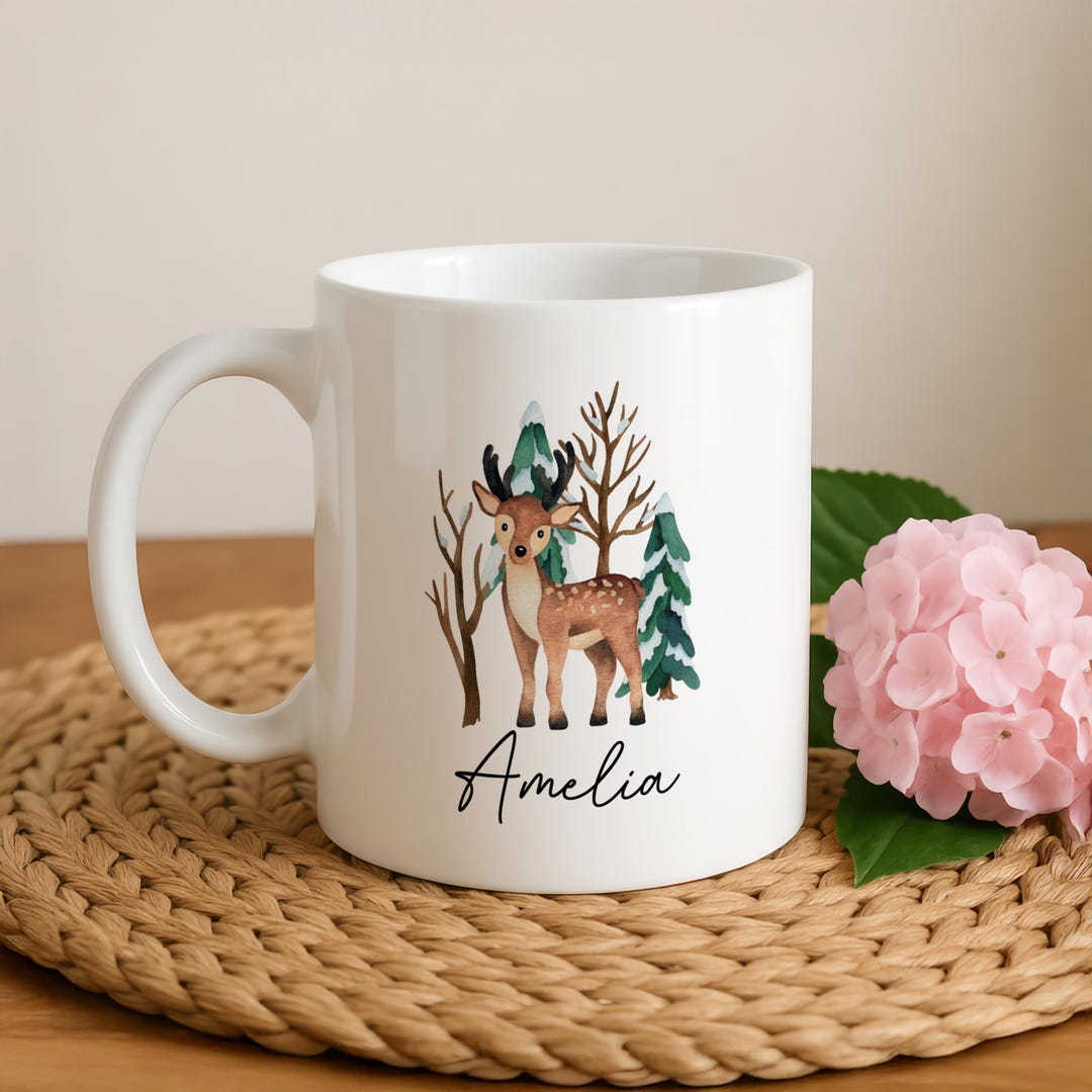 Woodland Deer Coffee Cup, Personalized Name Cup, Custom Ceramic Cup ...