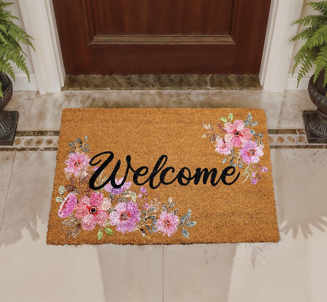 Floral Welcome Doormat, Elegant Flower Welcome Mat, Pastel Blossom Door ...