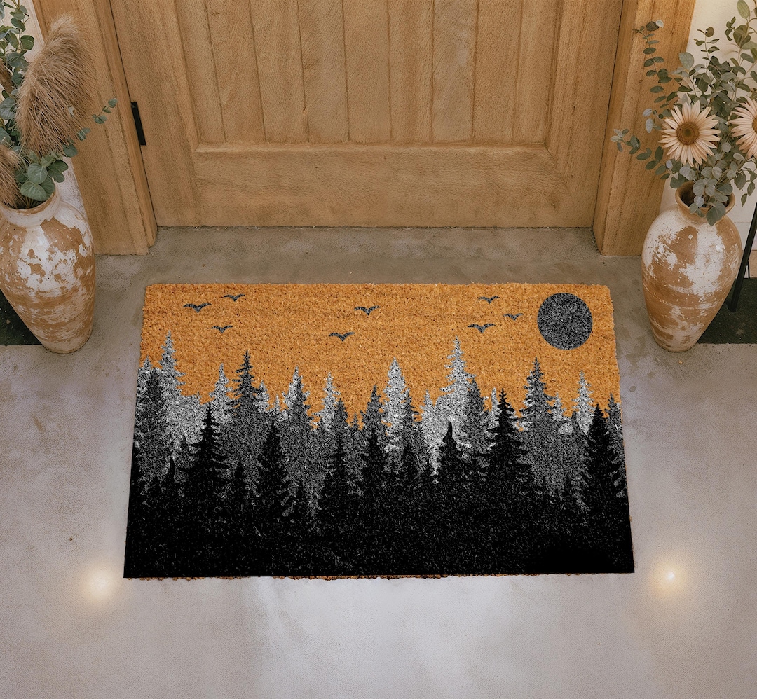 Spooky Forest Doormat, Pine Tree Silhouette Welcome Mat, Woodland Night ...