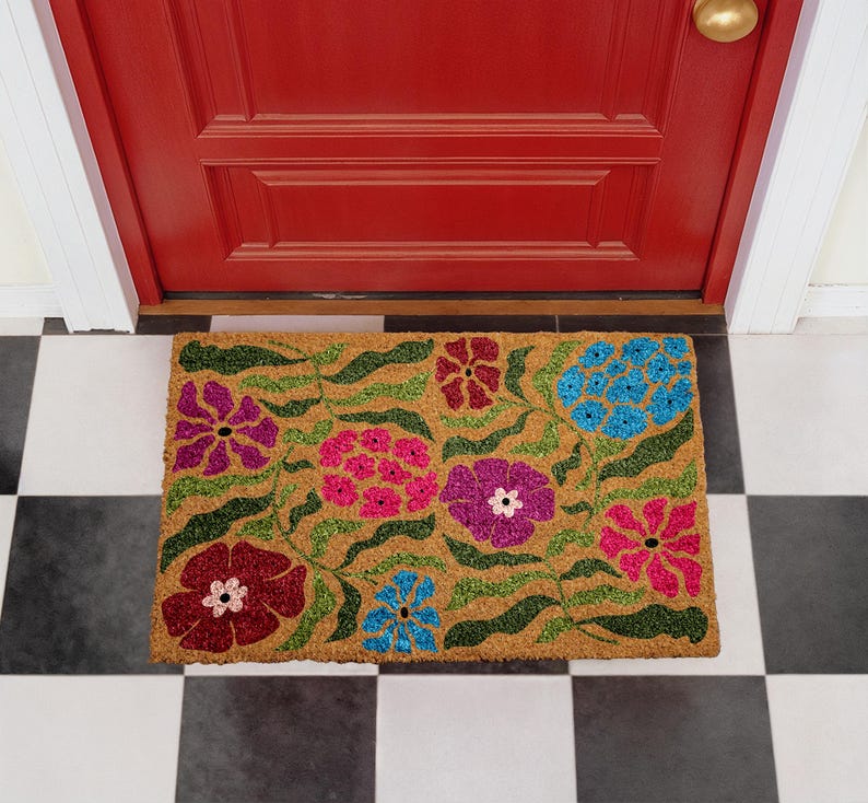 Vibrant Floral Coir Doormat, Colorful Flower Welcome Mat, Seasonal ...
