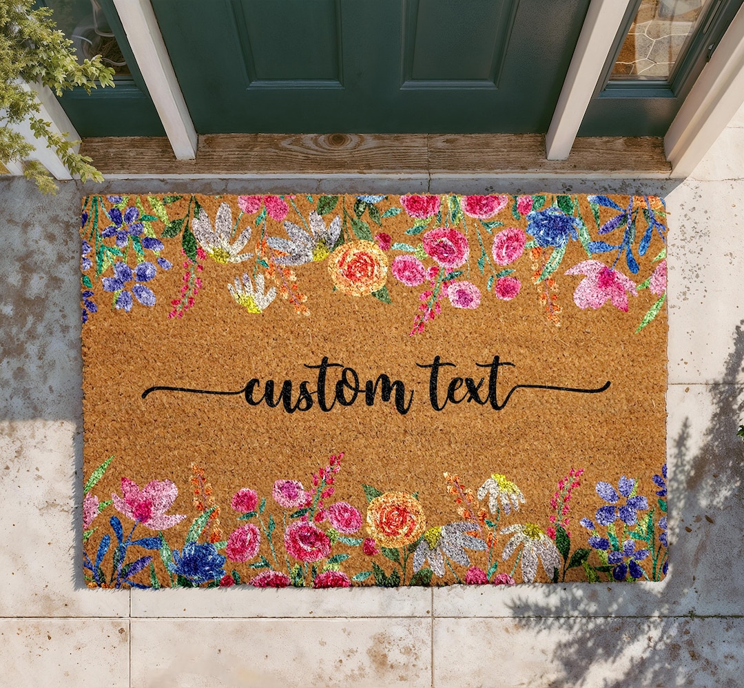 Boho Floral Doormat, Custom Text Welcome Mat, Personalized Family Name ...