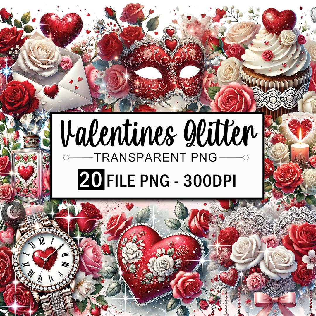 20+ Heart Glitter Clipart Bundle, Red Roses Png, Valentines Clipart ...