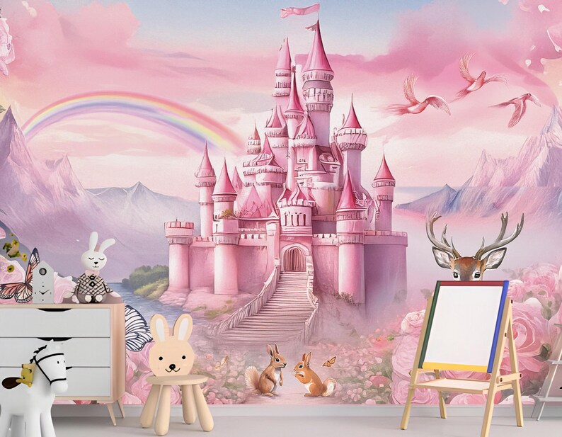 Pink Castle Wallpaper Fairy Tale Castle Wall Decal Castle With Animal ...
