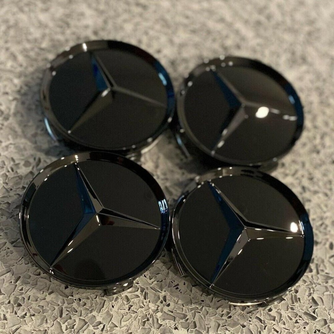 4x Mercedes Benz Wheel Center Caps 75mm Glossy Black Rim Emblem Hubcap ...