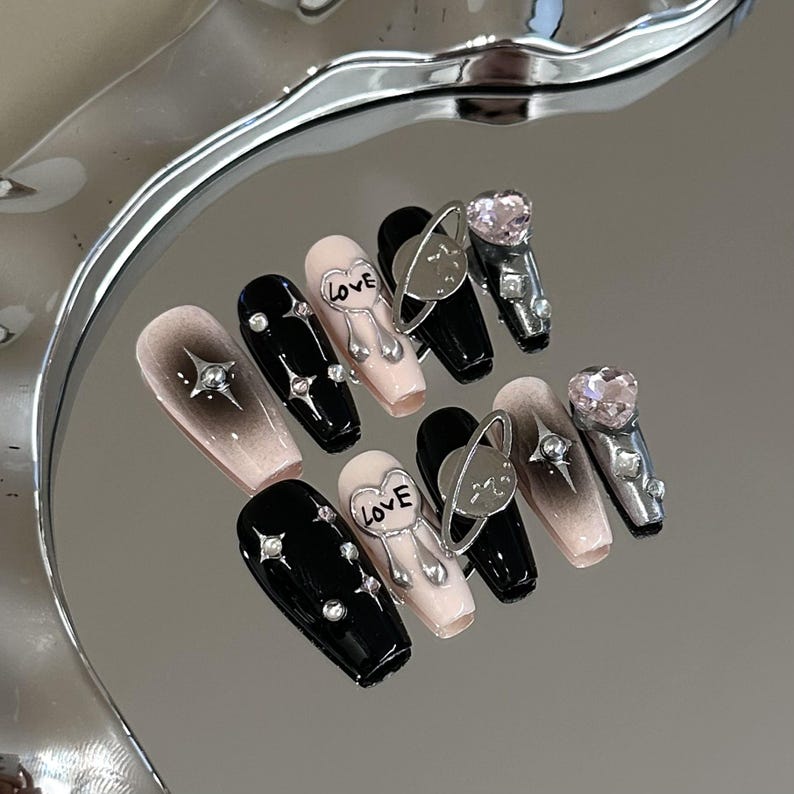 Black and Nude Cosmic Press on Nails | Mirror Silver Star Design | Love ...