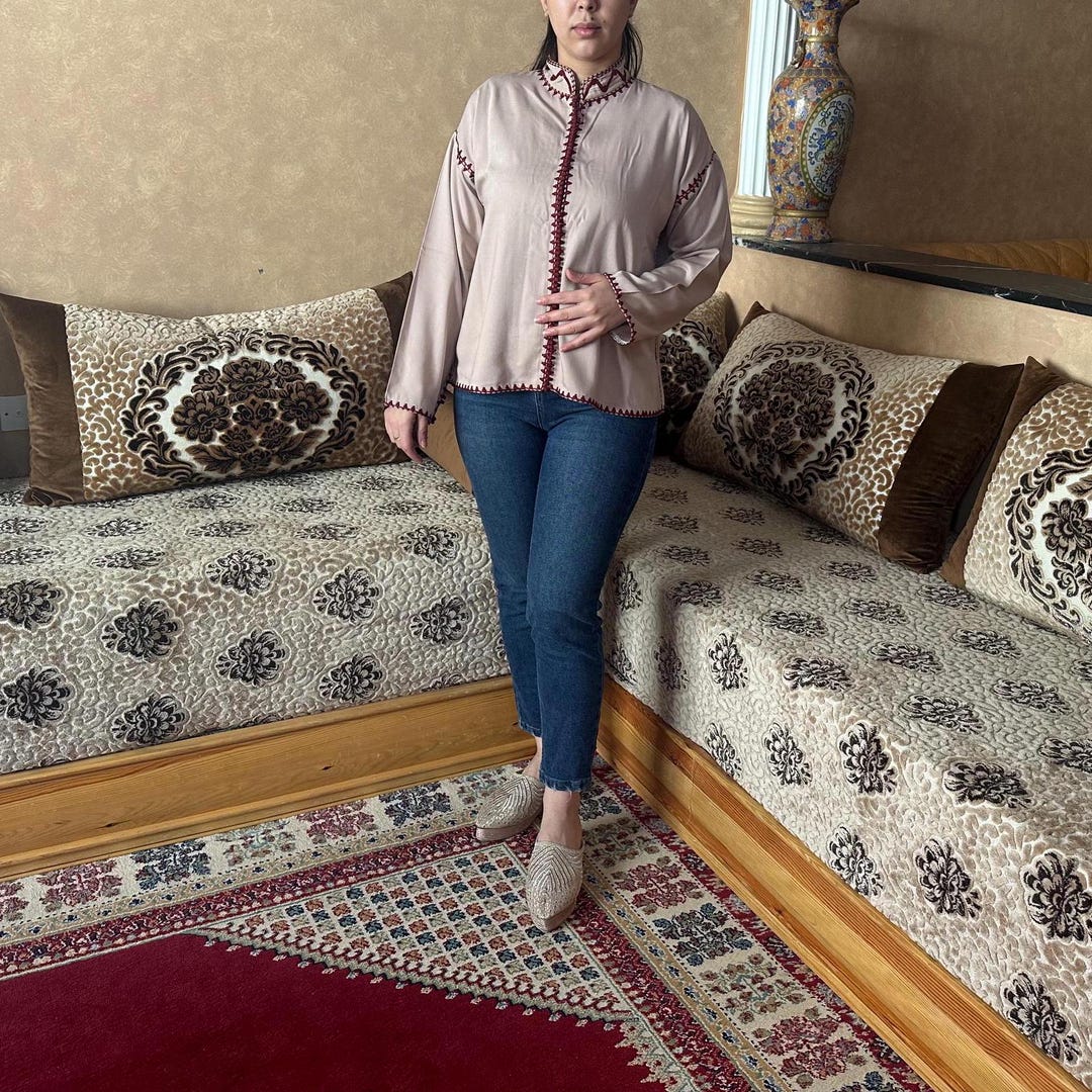 Moroccan Jabador Top | Beige Tunic With Burgundy Embroidery | Handmade ...