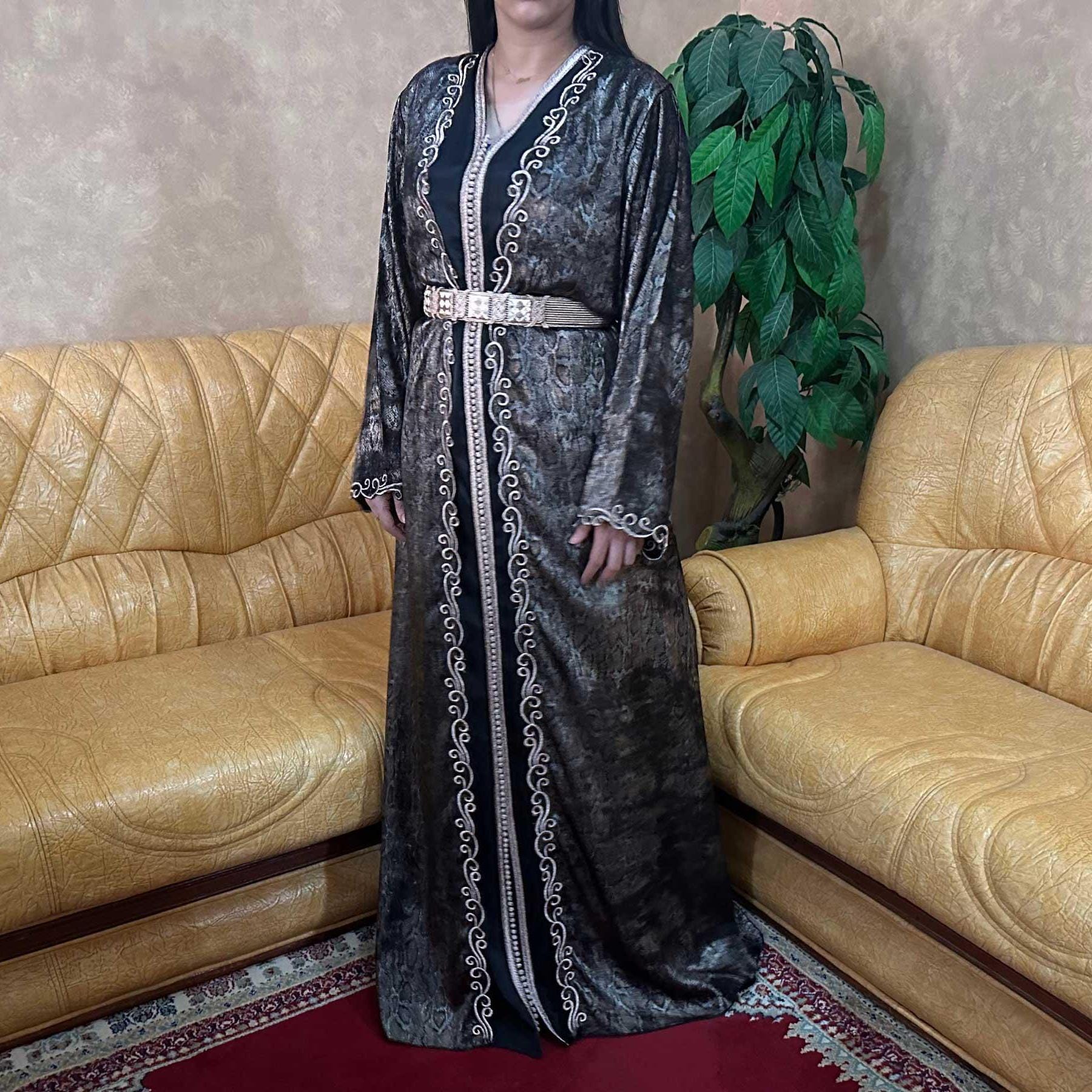Handcrafted Moroccan Caftan | Luxury Black Bronze Snake Print Takchita ...