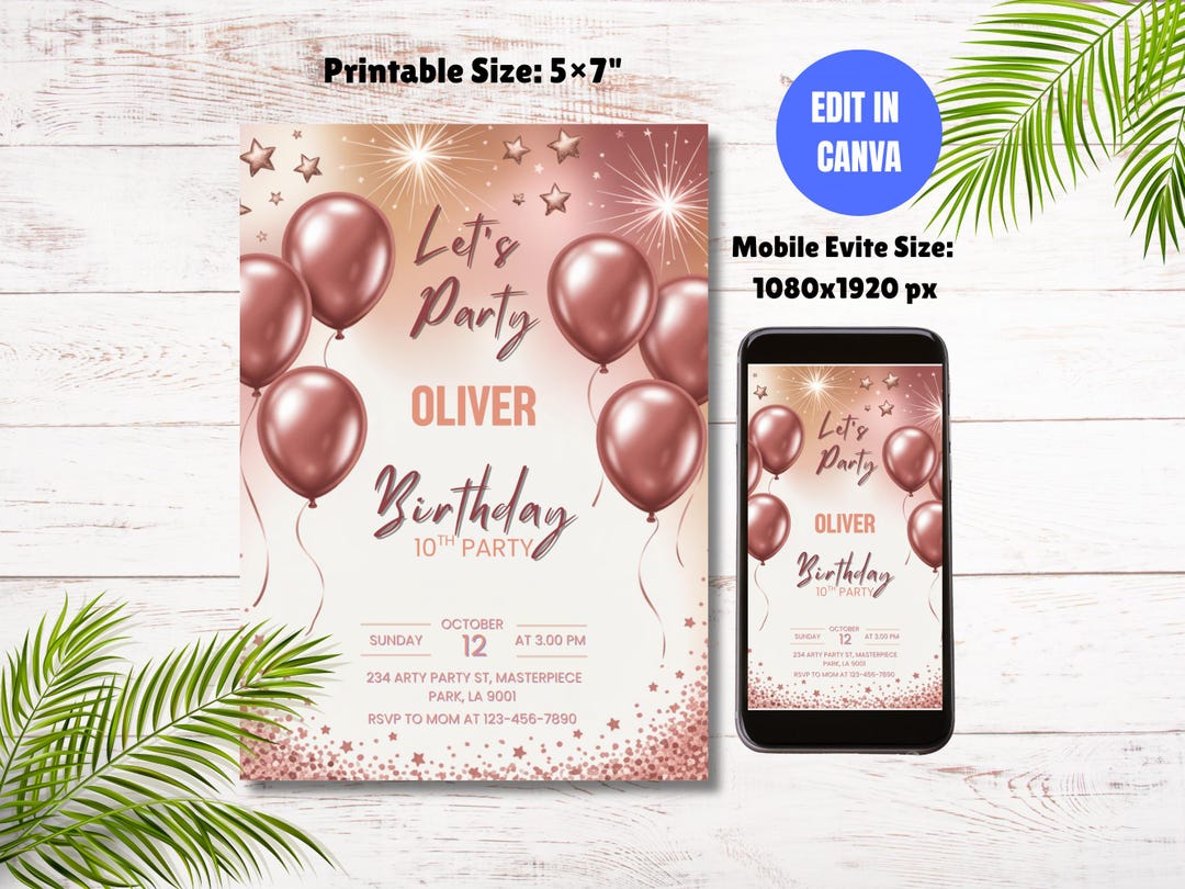 Rose Gold Balloon Birthday Invitation Editable Canva Template Printable ...