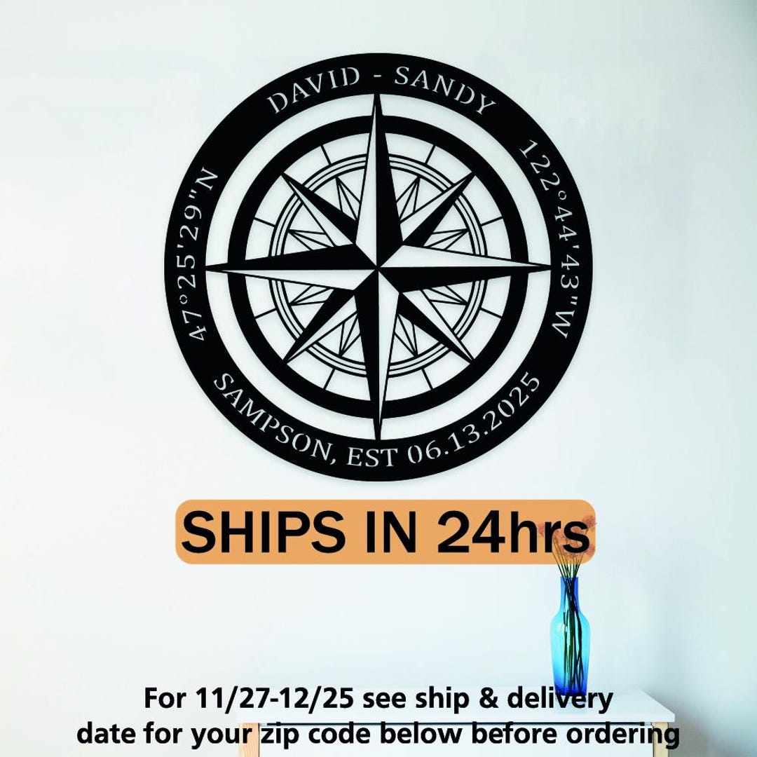 Compass Custom Metal Sign W/ GPS Coordinates Family Name and Date ...