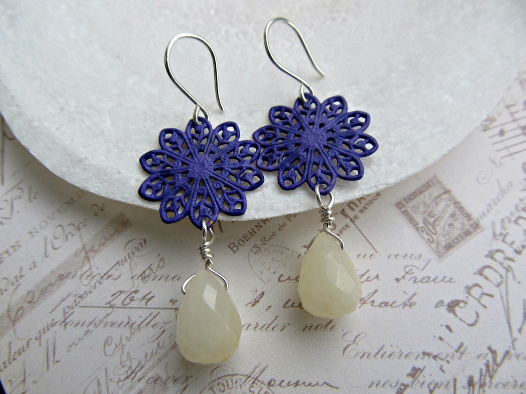 Purple Hand Painted Filigrees With Lemon Quartz Faceted Teardrops ...
