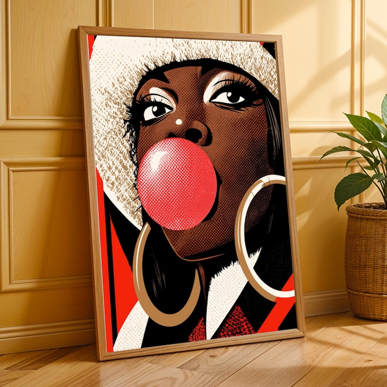 Impresión retro de arte pop chicle: decoración en rojo, marrón y negro ...