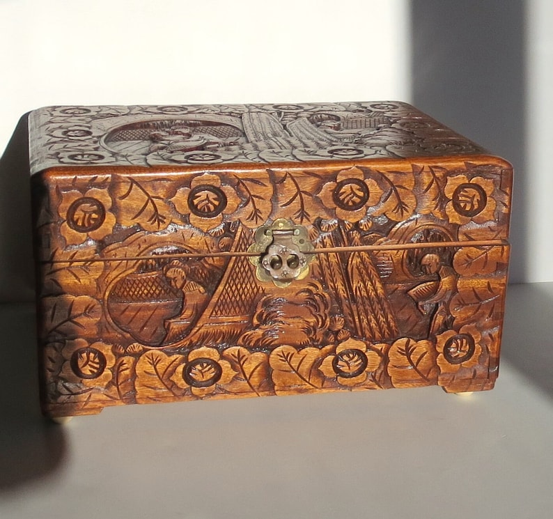 Carved Wooden Box - Vintage Asian Inspired Carved - Etsy