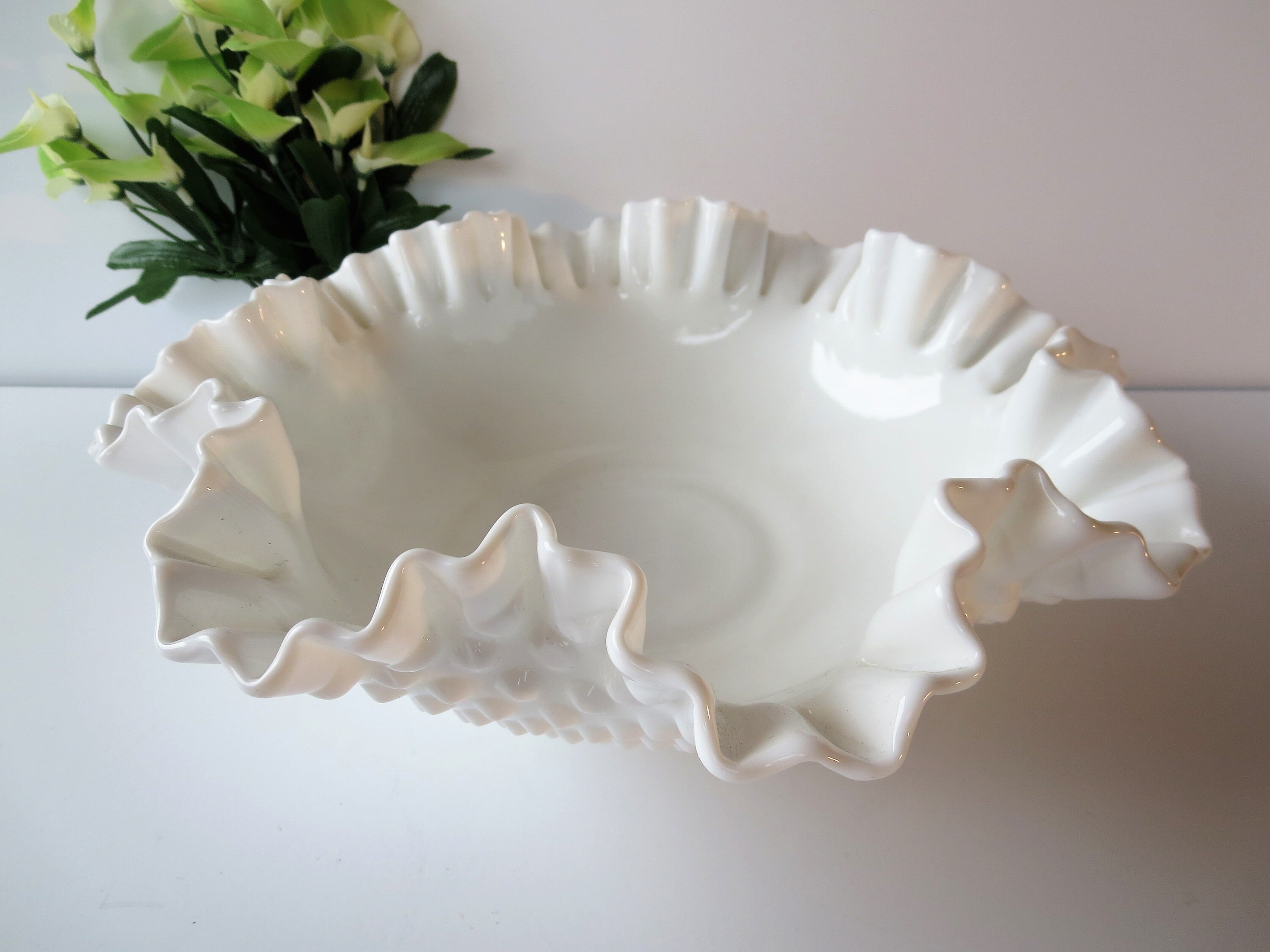 Bowls Kitchen & Dining Vintage Fenton Hobnail Milk Glass Ruffle Bowl ...