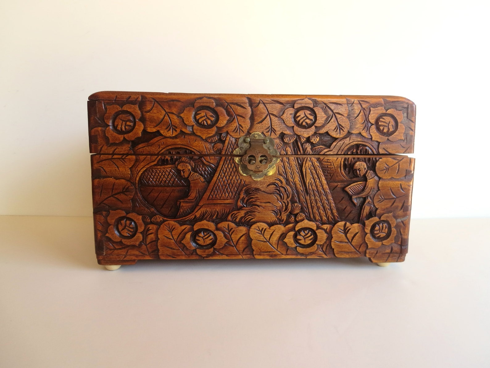 Carved Wooden Box - Vintage Asian Inspired Carved - Etsy