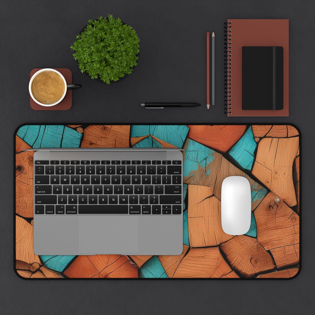 Rustic Wood Desk Mat | Colorful Neoprene Desk Pad | Orange & Teal ...