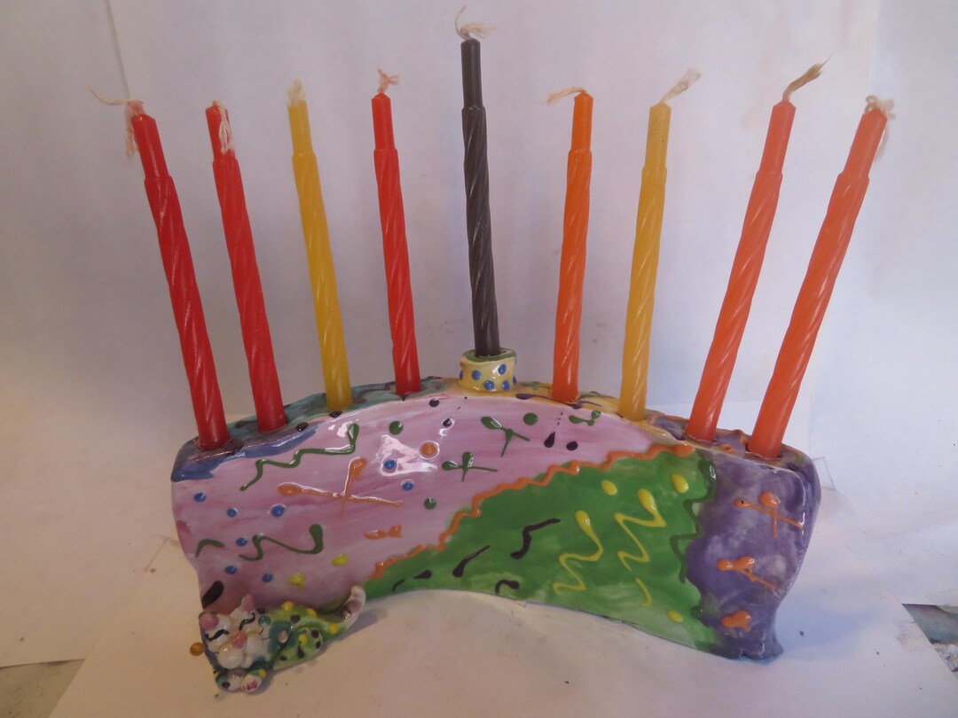 Colorful Handmade Whimsiclay Cat Menorah...very Unique RARE One of A ...