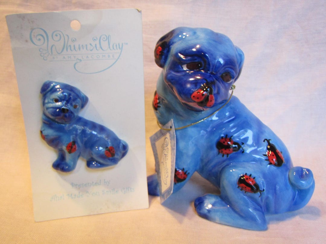 Bug the Pug, Whimsiclay Pug Figurine + 2 Pins, by Amy Lacombe. in Blue ...