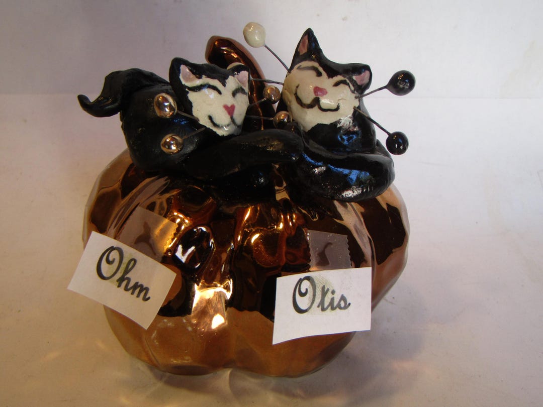 Ohm & Otis Original Whimsiclay Mini Cats Atop Golden Pumpkin, by Amy ...