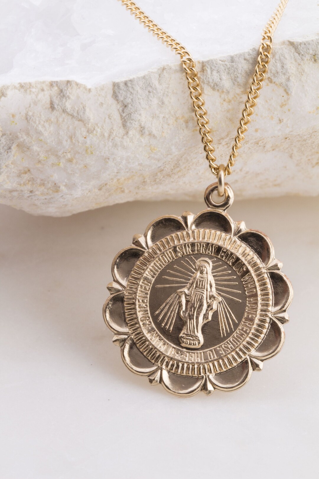 Virgin Mary Scalloped Medallion Gold Filled Chain Necklace, Easter Gift ...