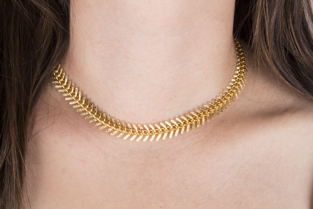 Chunky Gold Plated Fishbone Choker, Fish Bone Gold Choker, Statement ...