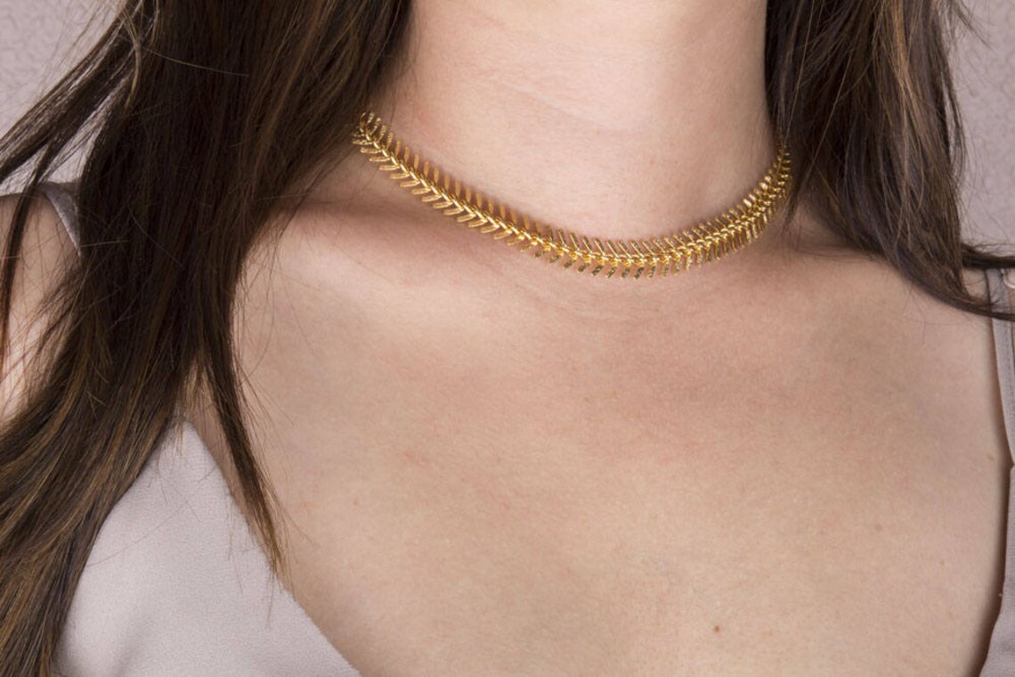Chunky Gold Plated Fishbone Choker, Fish Bone Gold Choker, Statement ...