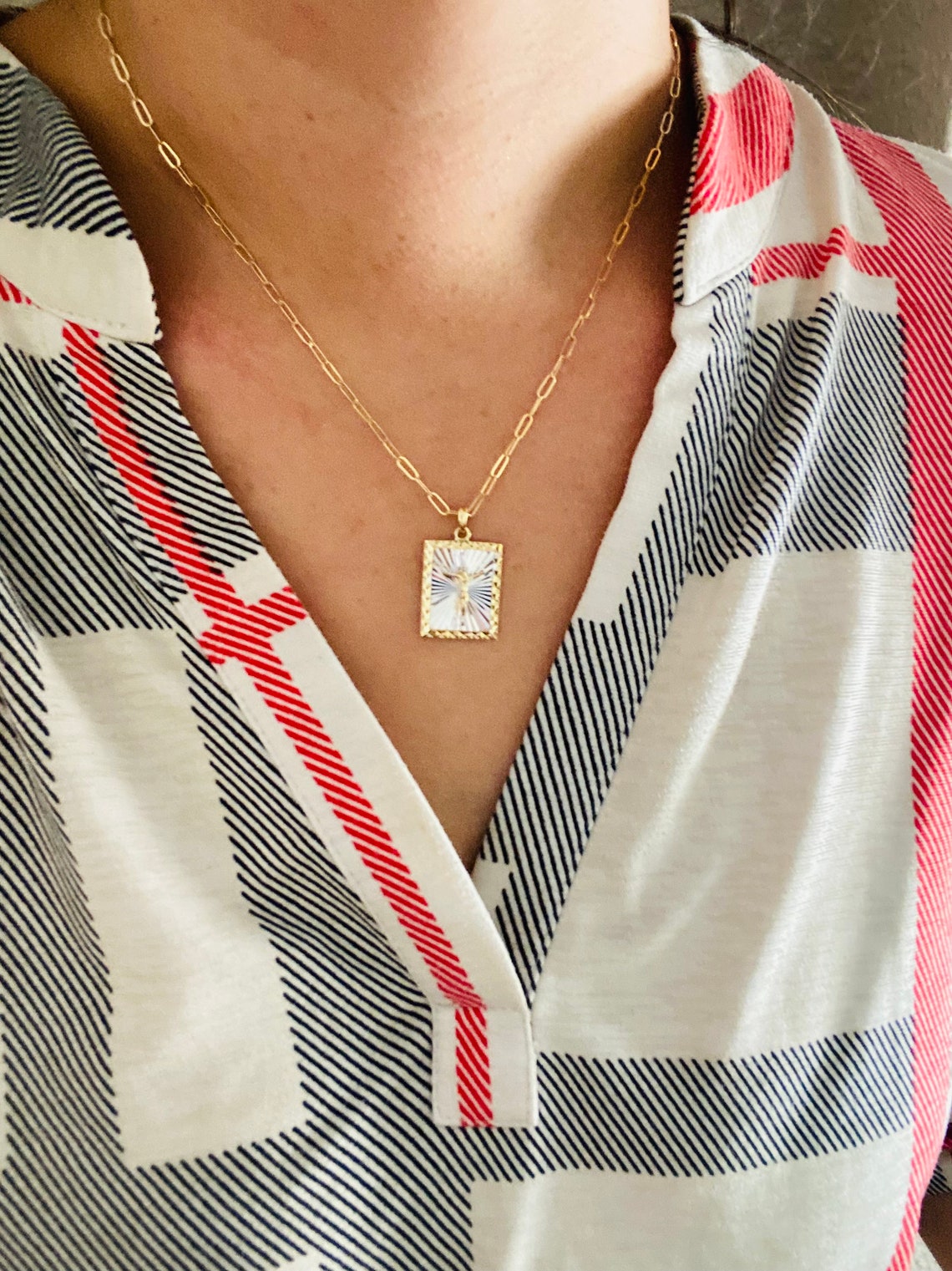 Jesus Crucifix Square Medallion on Paperclip Chain Dainty - Etsy