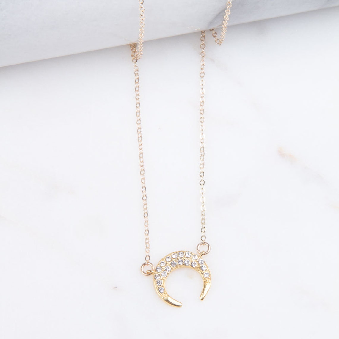 Moon Horn Crystal Necklace in Gold, Silver, Rose Gold, Crescent Moon ...
