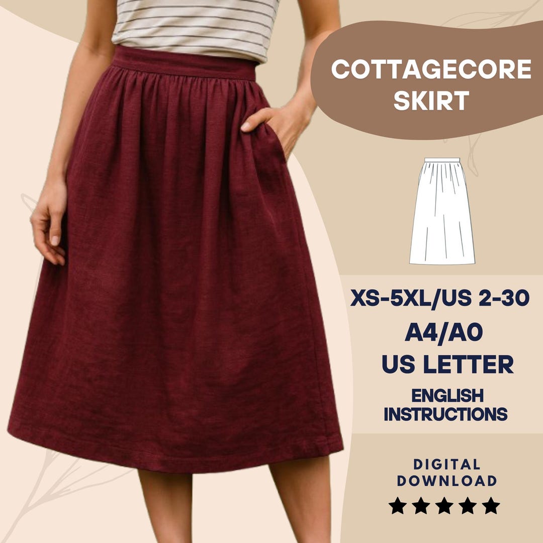 Linen Skirt Sewing Pattern PDF – Gathered Midi Skirt With Pockets ...