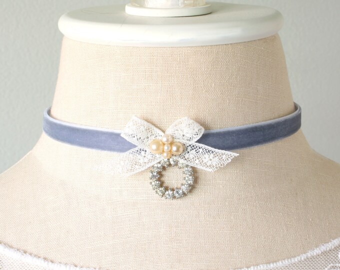 Blue Velvet Choker With Rhinestone Circle Pendant Sparkly Necklace ...