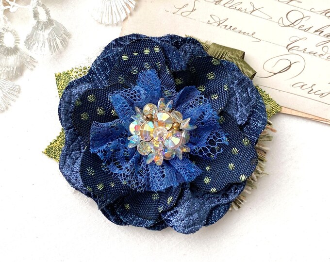 Navy Blue Flower Pin - Fabric Flower Brooch - Floral Corsage - Pin for ...
