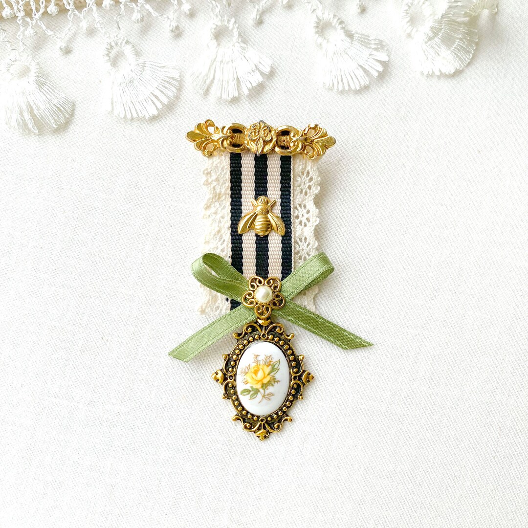 Lapel Pin Brooch - Ribbon Medallion With Floral Cameo Pendant - Unique ...