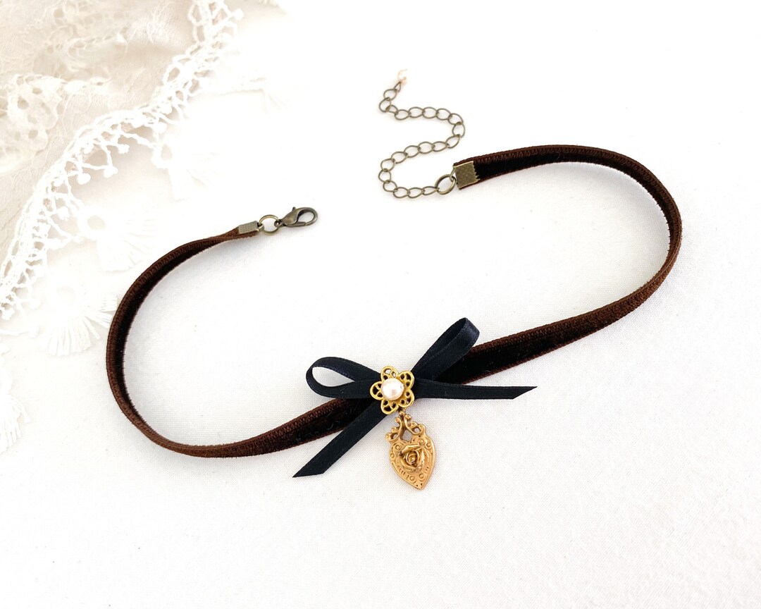 Brown Choker Necklace With Rose Heart Pendant Ribbon Choker - Etsy