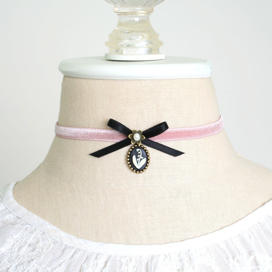 Cameo Necklace With Black Bow Pink Velvet Choker Necklace Lily Of The